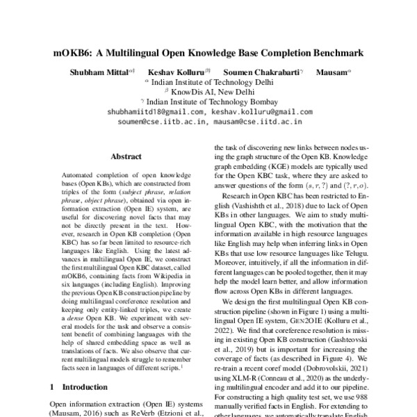 mOKB6: A Multilingual Open Knowledge Base Completion Benchmark - ACL Anthology