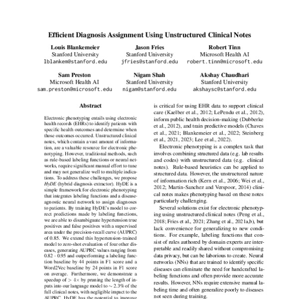 Efficient Diagnosis Assignment Using Unstructured Clinical Notes Acl