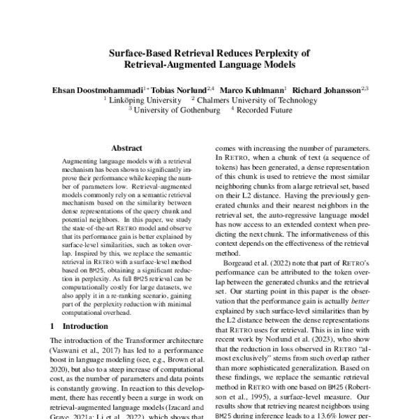 Surface Based Retrieval Reduces Perplexity Of Retrieval Augmented