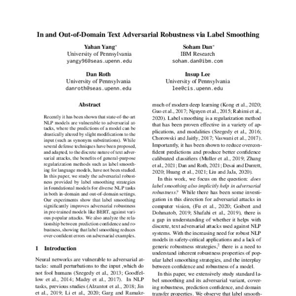 In And Out Of Domain Text Adversarial Robustness Via Label Smoothing Acl Anthology