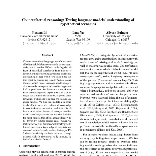 Counterfactual Reasoning Testing Language Models Understanding Of Hypothetical Scenarios Acl