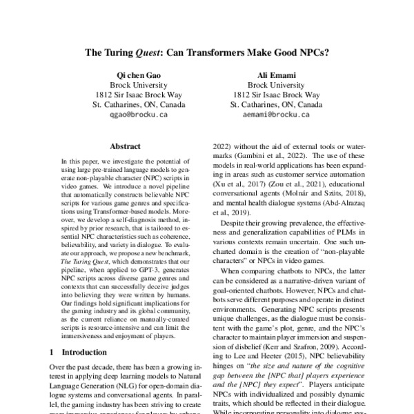 The Turing Quest: Can Transformers Make Good NPCs? - ACL Anthology