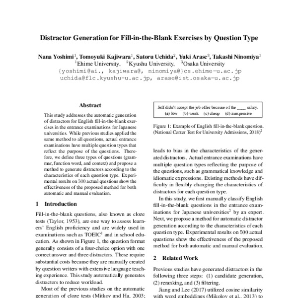 Distractor Generation for Fill-in-the-Blank Exercises by Question Type ...
