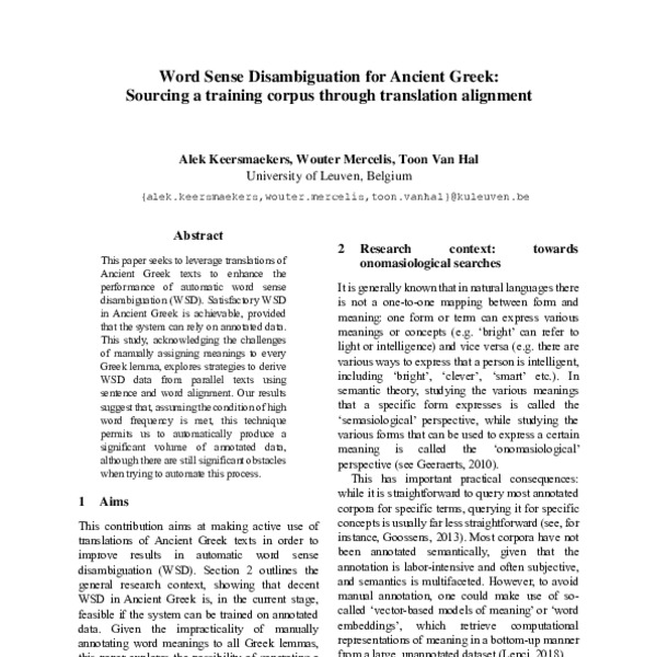 Word Sense Disambiguation for Ancient Greek: Sourcing a training corpus ...