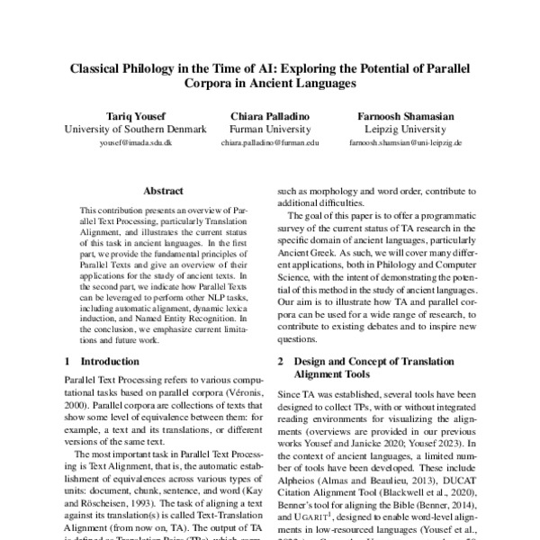 Classical Philology in the Time of AI: Exploring the Potential of Parallel Corpora in Ancient ...