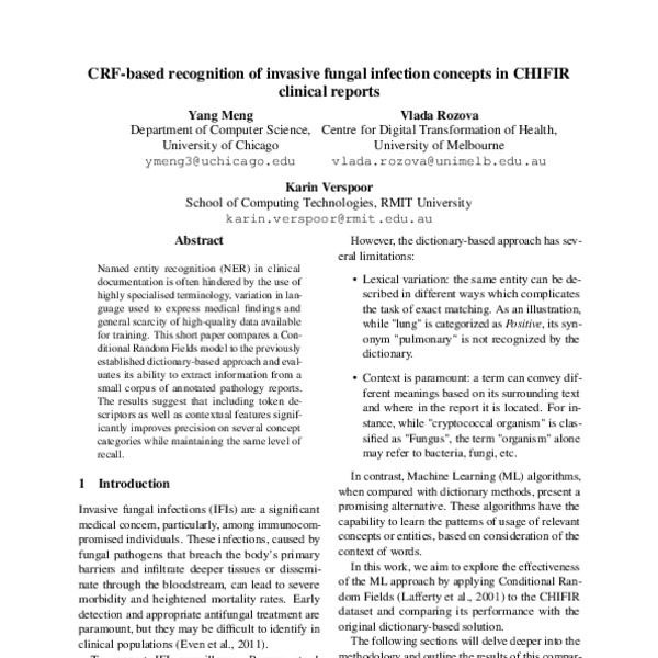 CRF-based recognition of invasive fungal infection concepts in CHIFIR ...