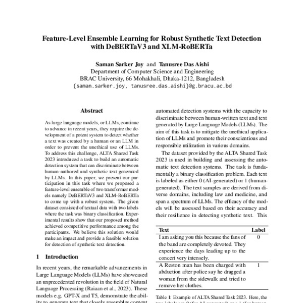 Feature-Level Ensemble Learning for Robust Synthetic Text Detection with DeBERTaV3 and XLM ...