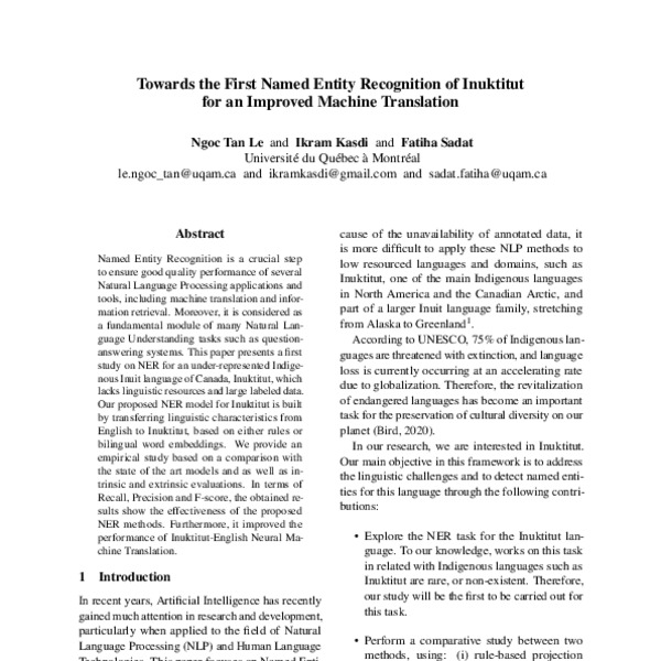Towards the First Named Entity Recognition of Inuktitut for an Improved Machine Translation ...