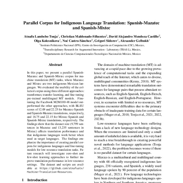 Parallel Corpus for Indigenous Language Translation: Spanish-Mazatec and Spanish-Mixtec - ACL ...