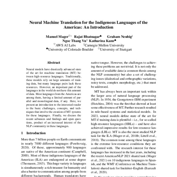 Neural Machine Translation for the Indigenous Languages of the Americas: An Introduction - ACL ...