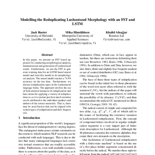 Modelling the Reduplicating Lushootseed Morphology with an FST and LSTM ...