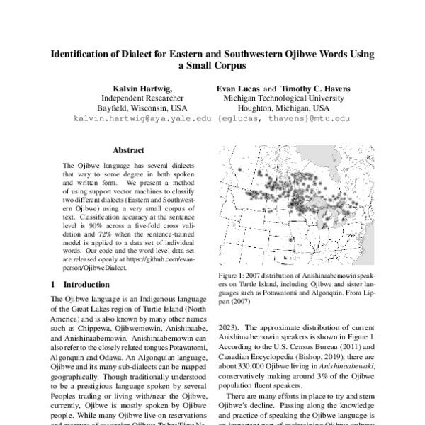 Identification of Dialect for Eastern and Southwestern Ojibwe Words Using a Small Corpus - ACL ...