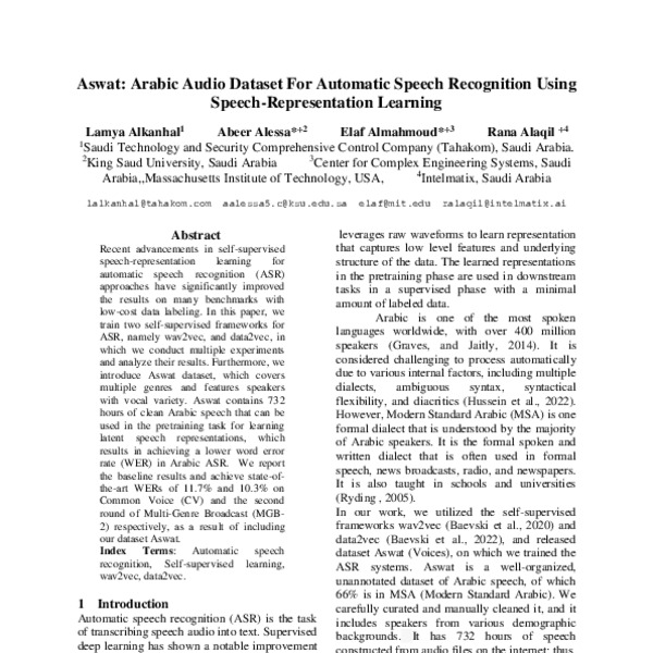 Aswat Arabic Audio Dataset For Automatic Speech Recognition Using Speech Representation