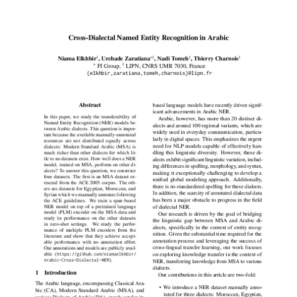 Cross Dialectal Named Entity Recognition In Arabic Acl Anthology