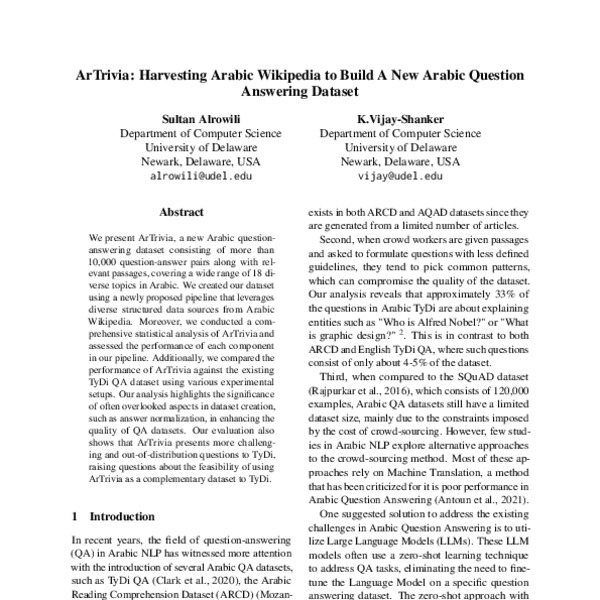 ArTrivia: Harvesting Arabic Wikipedia to Build A New Arabic Question ...