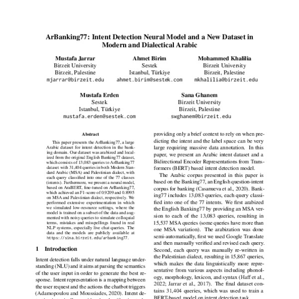 Arbanking77 Intent Detection Neural Model And A New Dataset In Modern