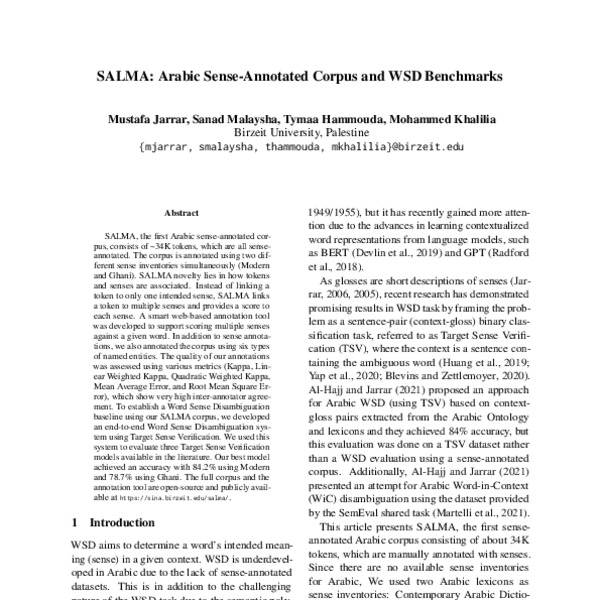 SALMA: Arabic Sense-Annotated Corpus and WSD Benchmarks - ACL Anthology