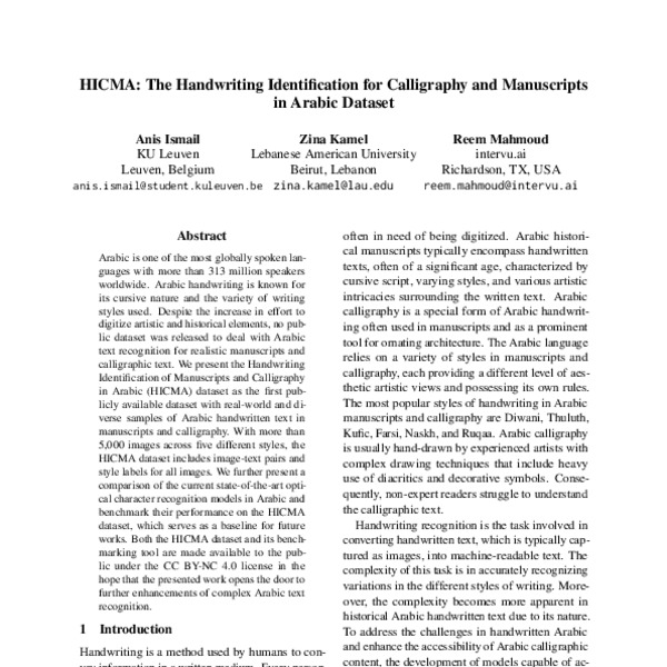 HICMA: The Handwriting Identification for Calligraphy and Manuscripts ...