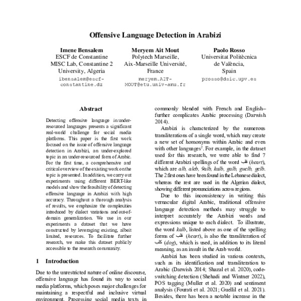 Offensive Language Detection in Arabizi - ACL Anthology