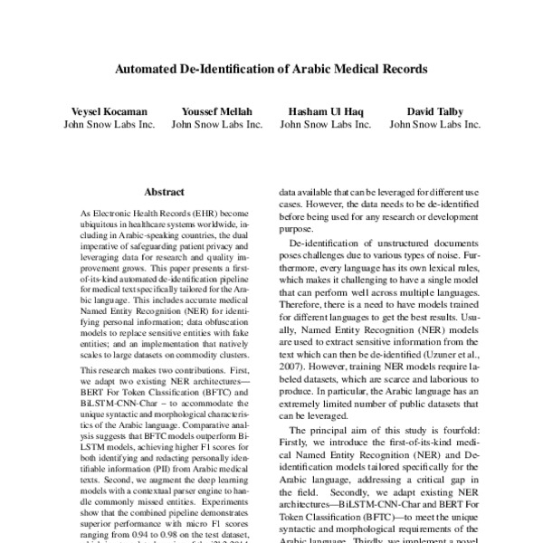 Automated De-Identification of Arabic Medical Records - ACL Anthology