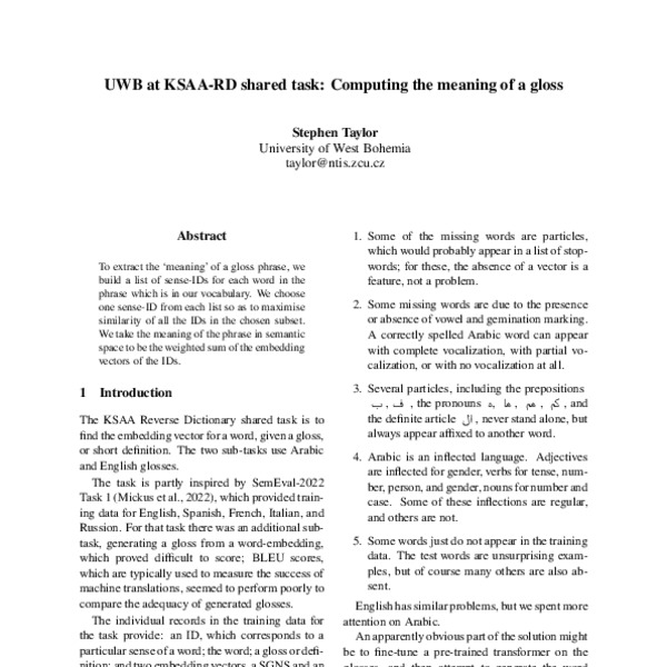 Uwb At Arabic Reverse Dictionary Shared Task Computing The Meaning Of