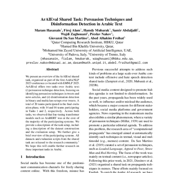 ArAIEval Shared Task: Persuasion Techniques and Disinformation Detection in Arabic Text - ACL ...