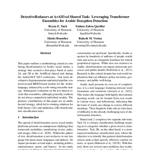 DetectiveRedasers at ArAIEval Shared Task: Leveraging Transformer Ensembles for Arabic Deception ...