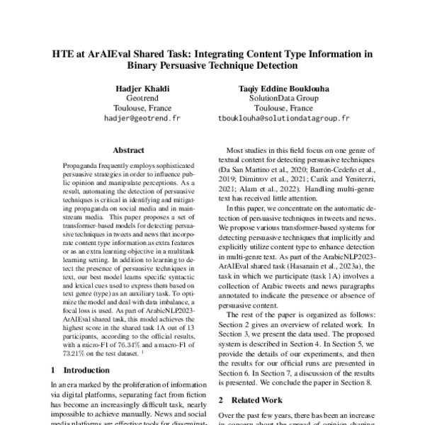 HTE at ArAIEval Shared Task: Integrating Content Type Information in Binary Persuasive Technique ...
