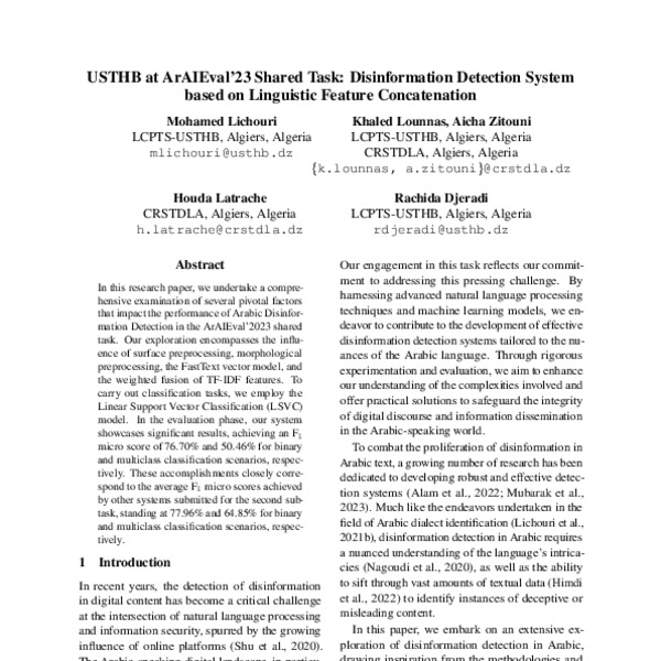 USTHB at ArAIEval’23 Shared Task: Disinformation Detection System based on Linguistic Feature ...