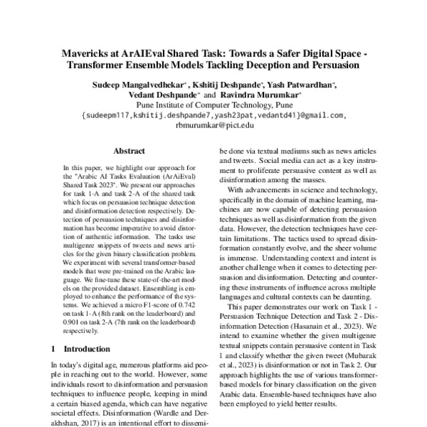 Mavericks at ArAIEval Shared Task: Towards a Safer Digital Space - Transformer Ensemble Models ...
