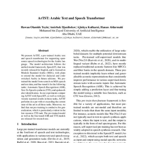 ArTST: Arabic Text and Speech Transformer - ACL Anthology