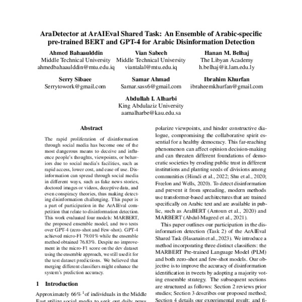 AraDetector at ArAIEval Shared Task: An Ensemble of Arabic-specific pre-trained BERT and GPT-4 ...