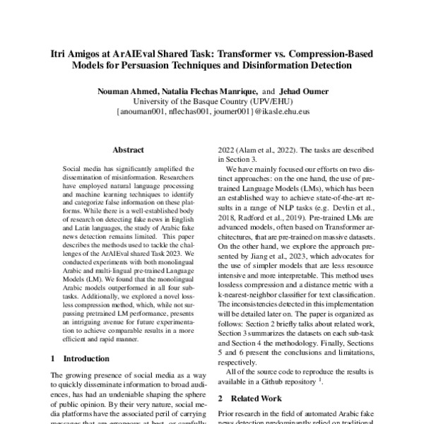 Itri Amigos at ArAIEval Shared Task: Transformer vs. Compression-Based Models for Persuasion ...