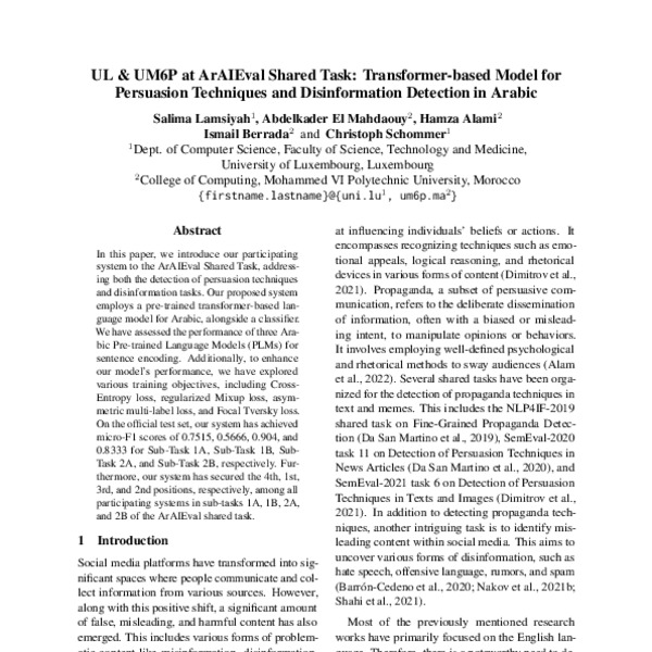 Ul And Um6p At Araieval Shared Task Transformer Based Model For Persuasion Techniques And