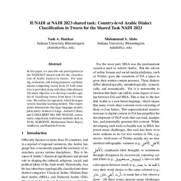 IUNADI at NADI 2023 shared task: Country-level Arabic Dialect Classification in Tweets for the ...