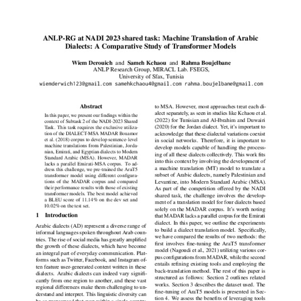 ANLP-RG at NADI 2023 shared task: Machine Translation of Arabic Dialects: A Comparative Study of ...