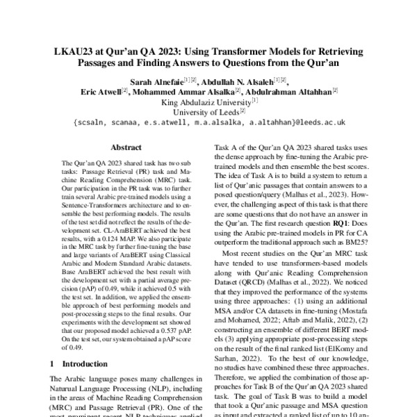 LKAU23 at Qur’an QA 2023: Using Transformer Models for Retrieving Passages and Finding Answers ...