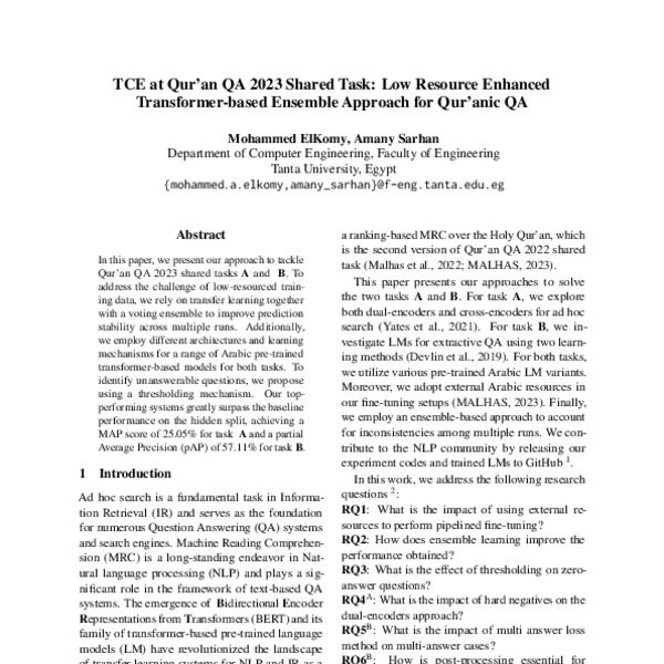 TCE at Qur’an QA 2023 Shared Task: Low Resource Enhanced Transformer-based Ensemble Approach for ...