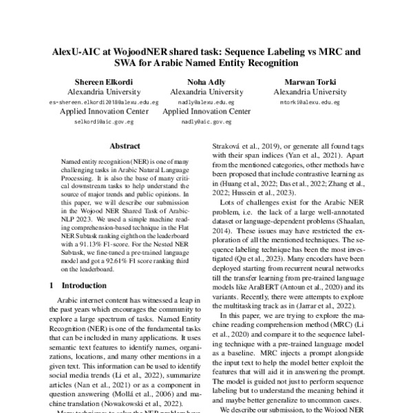 AlexU-AIC at WojoodNER shared task: Sequence Labeling vs MRC and SWA for Arabic Named Entity ...