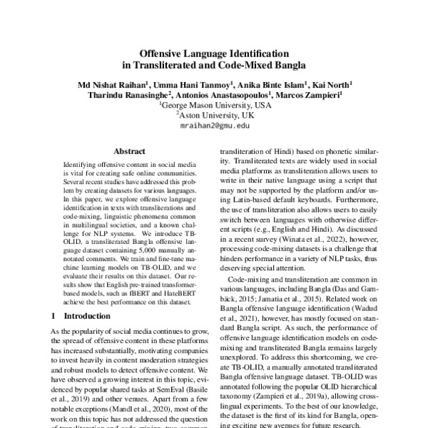 Offensive Language Identification in Transliterated and Code-Mixed Bangla - ACL Anthology