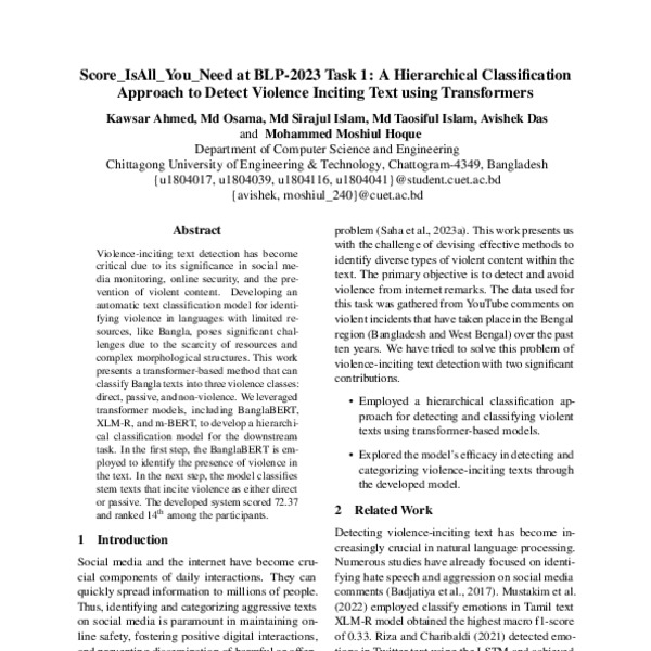 Score_IsAll_You_Need at BLP-2023 Task 1: A Hierarchical Classification Approach to Detect ...