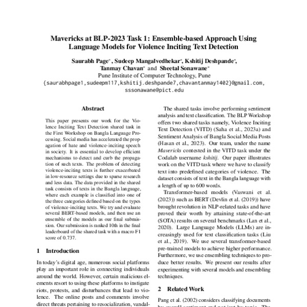 Mavericks at BLP-2023 Task 1: Ensemble-based Approach Using Language Models for Violence ...