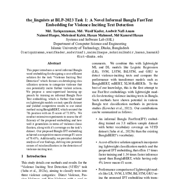 the_linguists at BLP-2023 Task 1: A Novel Informal Bangla Fasttext Embedding for Violence ...