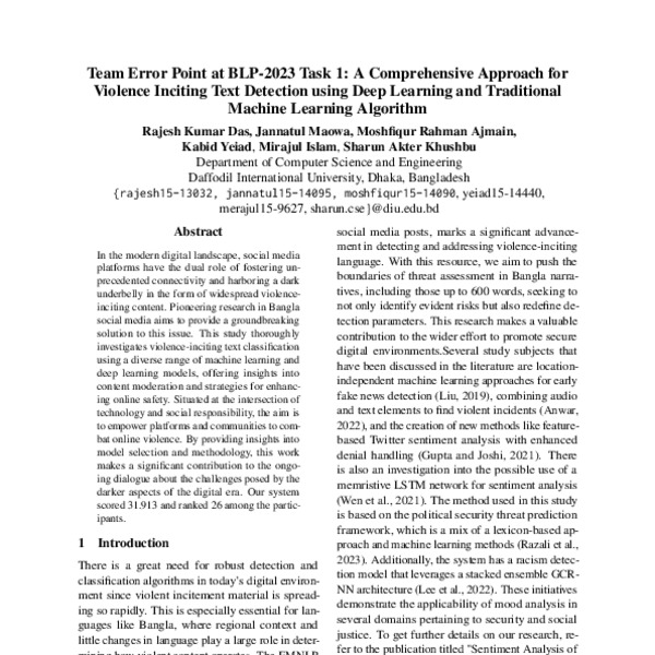 Team Error Point at BLP-2023 Task 1: A Comprehensive Approach for Violence Inciting Text ...
