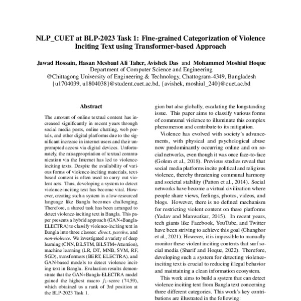 NLP_CUET at BLP-2023 Task 1: Fine-grained Categorization of Violence Inciting Text using ...