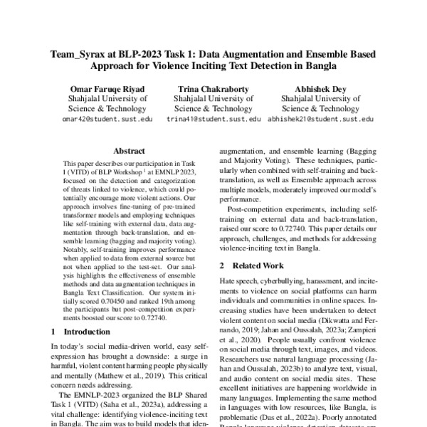 Team_Syrax at BLP-2023 Task 1: Data Augmentation and Ensemble Based Approach for Violence ...