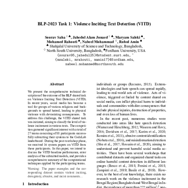 BLP-2023 Task 1: Violence Inciting Text Detection (VITD) - ACL Anthology