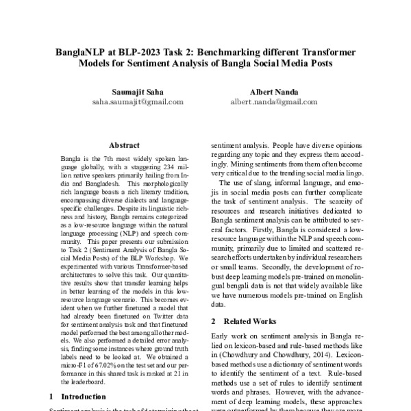 BanglaNLP at BLP-2023 Task 2: Benchmarking different Transformer Models for Sentiment Analysis ...