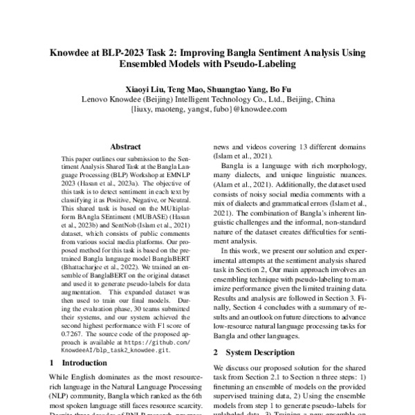 Knowdee at BLP-2023 Task 2: Improving Bangla Sentiment Analysis Using Ensembled Models with ...