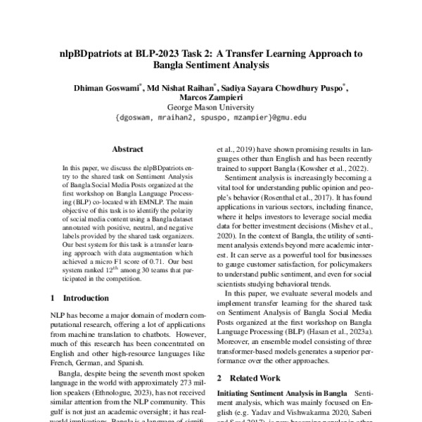 nlpBDpatriots at BLP-2023 Task 2: A Transfer Learning Approach towards Bangla Sentiment Analysis ...